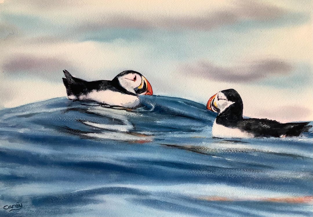 Original Watercolour Painting Puffins at Sea Birds Waves Clouds - Etsy