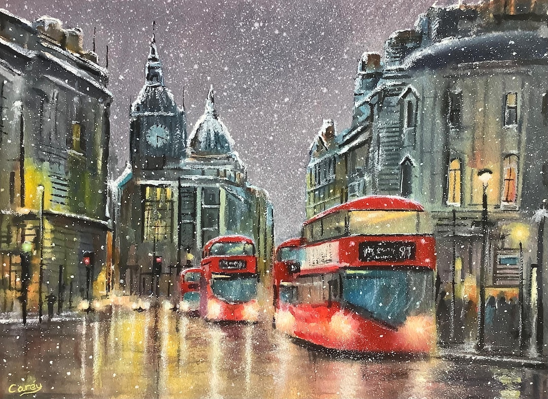 Original Painting London City Winter Scene With Snow an Red Buses ...