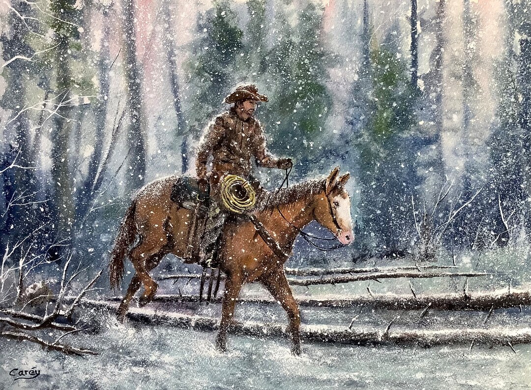 Cowboy Through the Ice and Snow Original Watercolour Painting Landscape ...