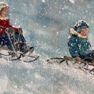 Winter Sledging in the Snow Original Watercolour Painting Children in ...