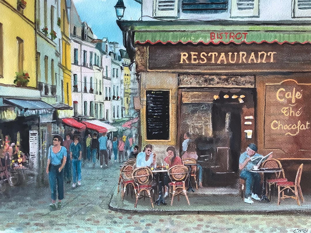 Original Watercolour Painting Paris Cafe France Old Restaurant Scene ...