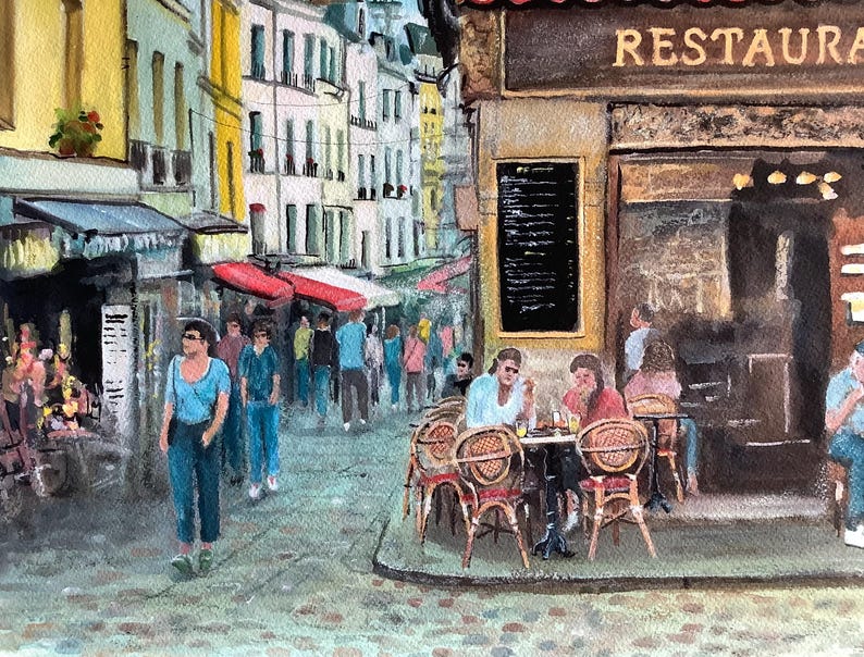 Original Watercolour Painting Paris Cafe France Old Restaurant Scene ...