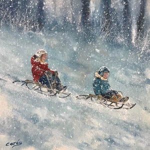 Winter Sledging in the Snow Original Watercolour Painting Children in ...