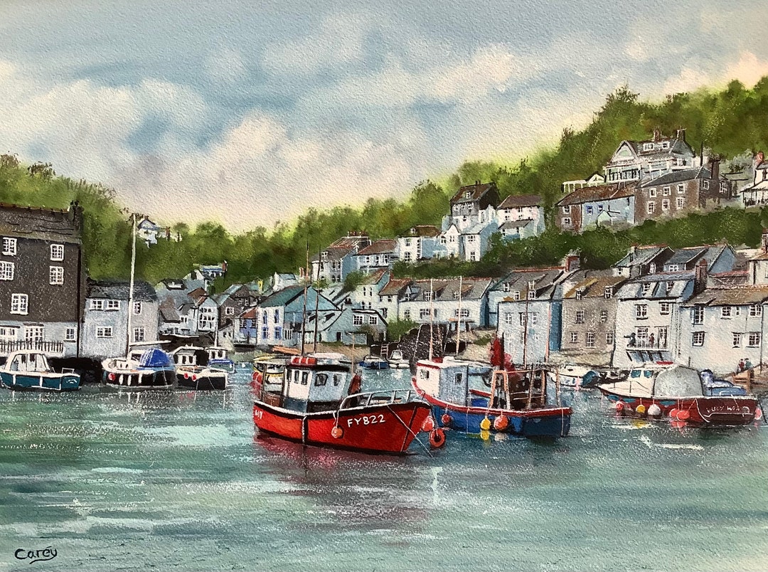 Cornwall the Harbour at Polperro Original Watercolour Painting With ...