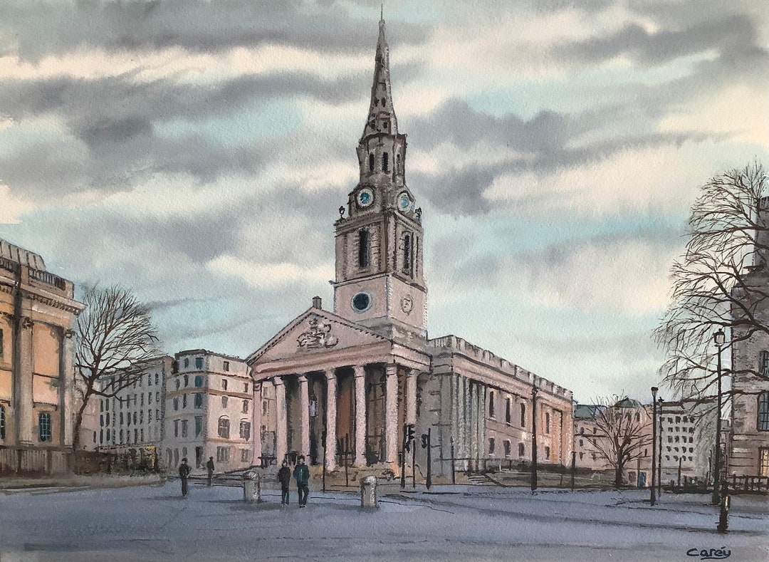 Original Watercolour Painting London Scene Trafalgar Square Cityscape ...