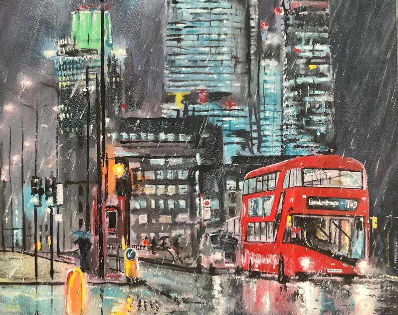 London City Scene, Original Watercolour Painting, London Rain, Red Bus ...