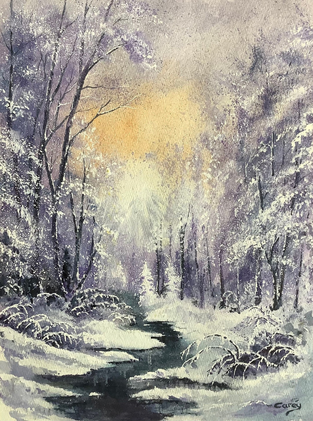 Winter Scene Snow Landscape Original Watercolour Painting Snow Sunset ...