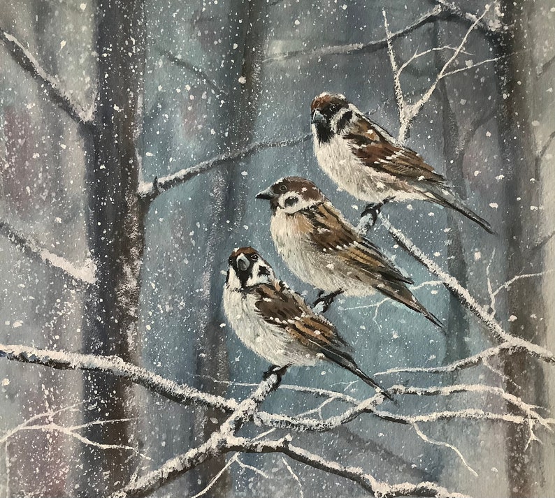 Sparrows Winter Scene Original Watercolour Painting Artwork in Snow - Etsy