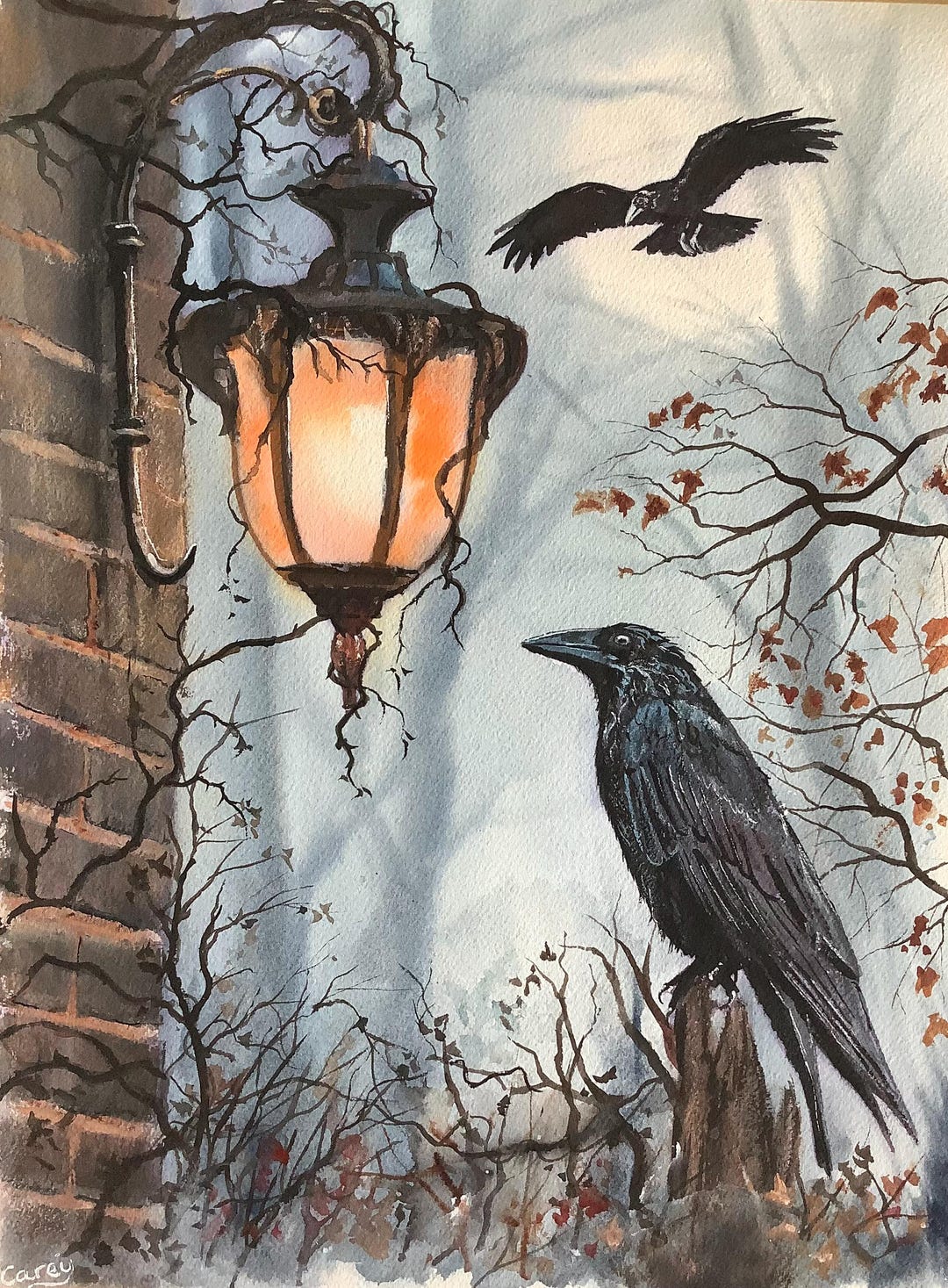 Original Watercolour Painting the Ravens Winter Scene Lantern Moon and ...