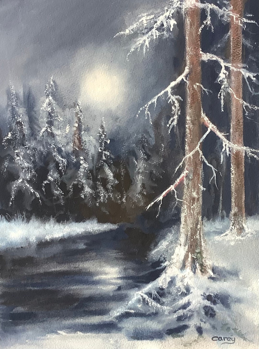 Winter Moon Scene Original Watercolour Painting Snow Scene - Etsy