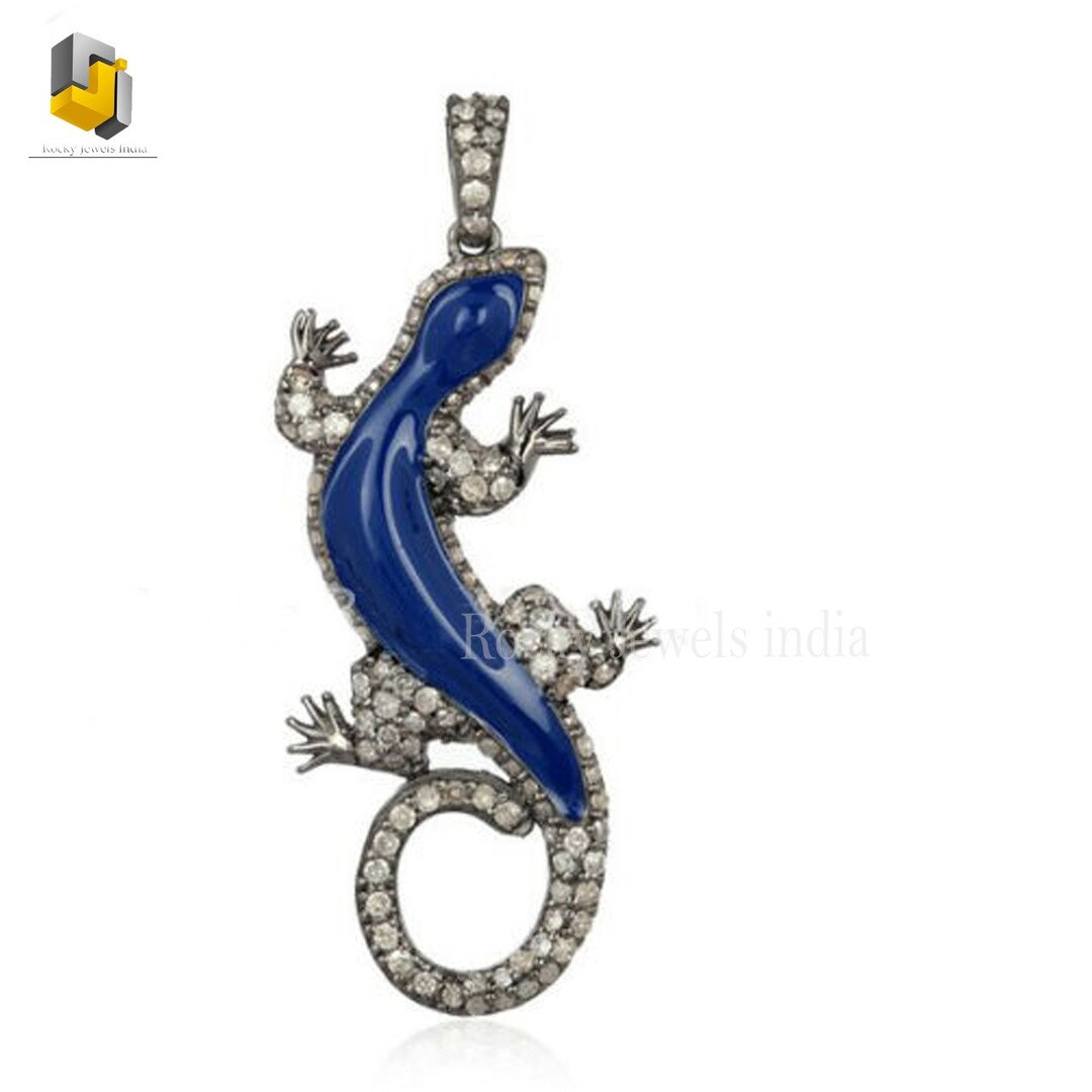 Blue Enamel 925 Sterling Silver Pave Setting Natural Lizard Shape ...