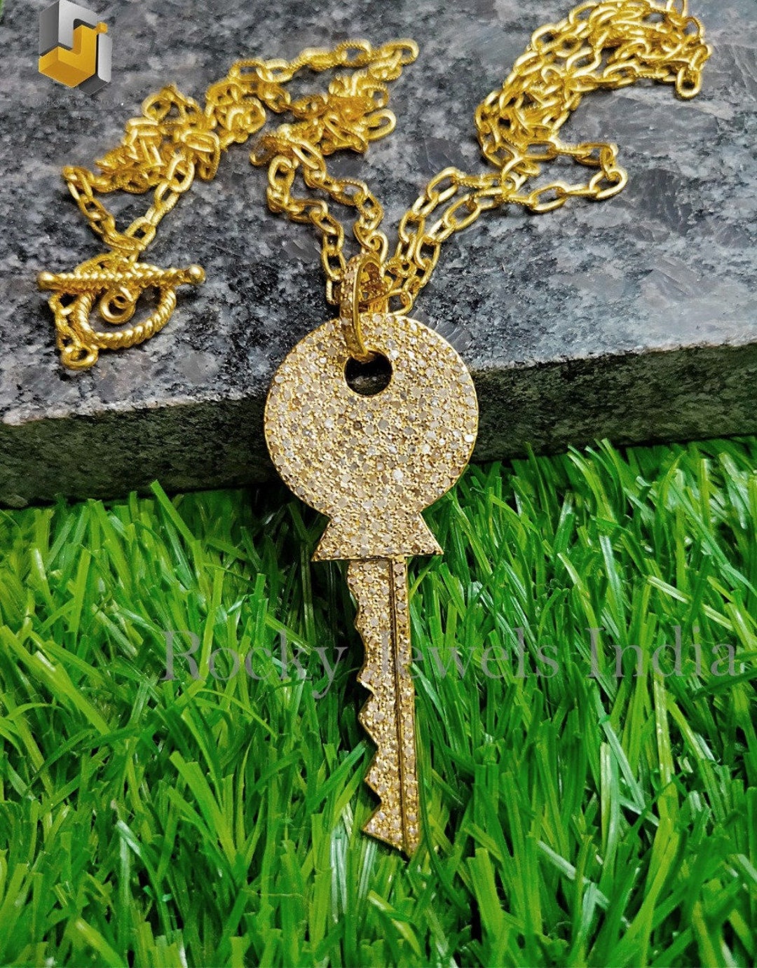 36inch Necklace 14K Yellow Gold Chain With Long Pave Genuine Diamond ...