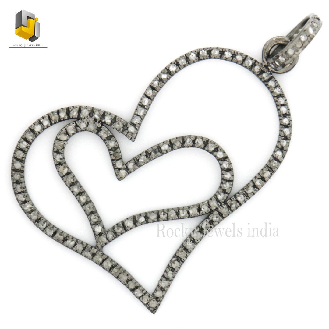 925 Sterling Silver Pave Setting Natural Diamond Beautiful Heart Shape ...