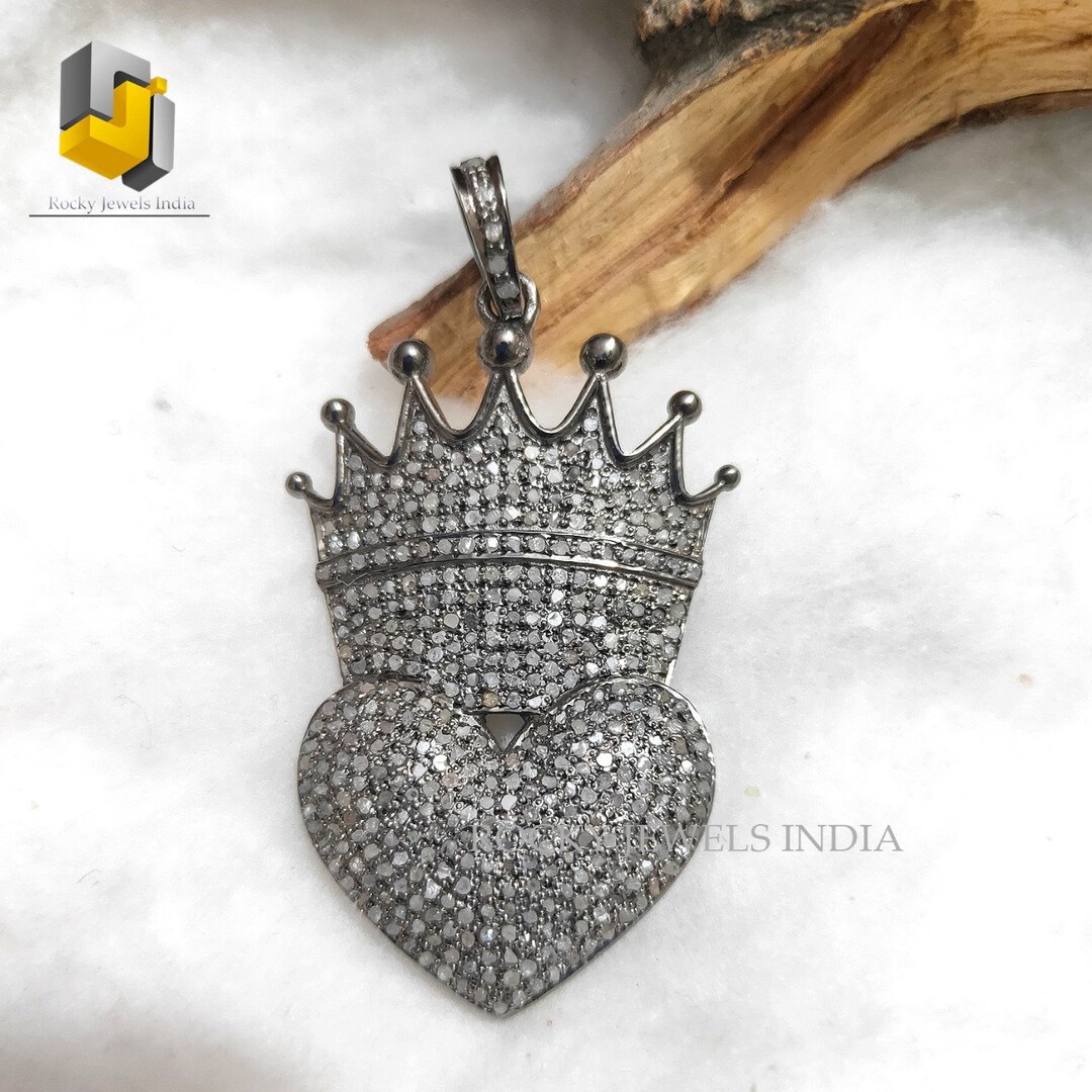 925 Sterling Silver Pave Diamond Beautiful Crown Shape Pendant Real ...