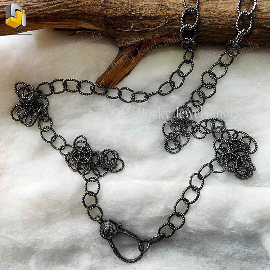 36"inch 925 Sterling Silver Oxidised Colour Pave Diamond Clasp Lock ...