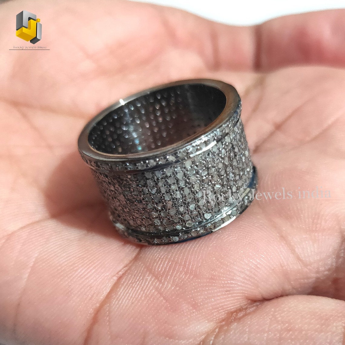 925 Sterling Silver Pave Genuine Natural Diamond Band Ring | Etsy