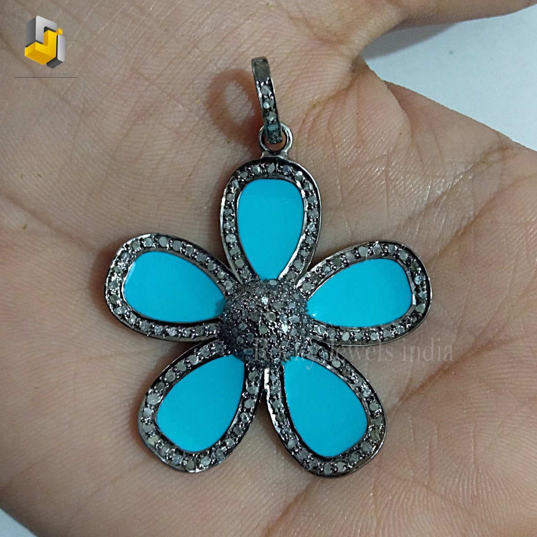 Gorgeous Turquoise Colour Enamel 925 Sterling Silver Pave Genuine ...