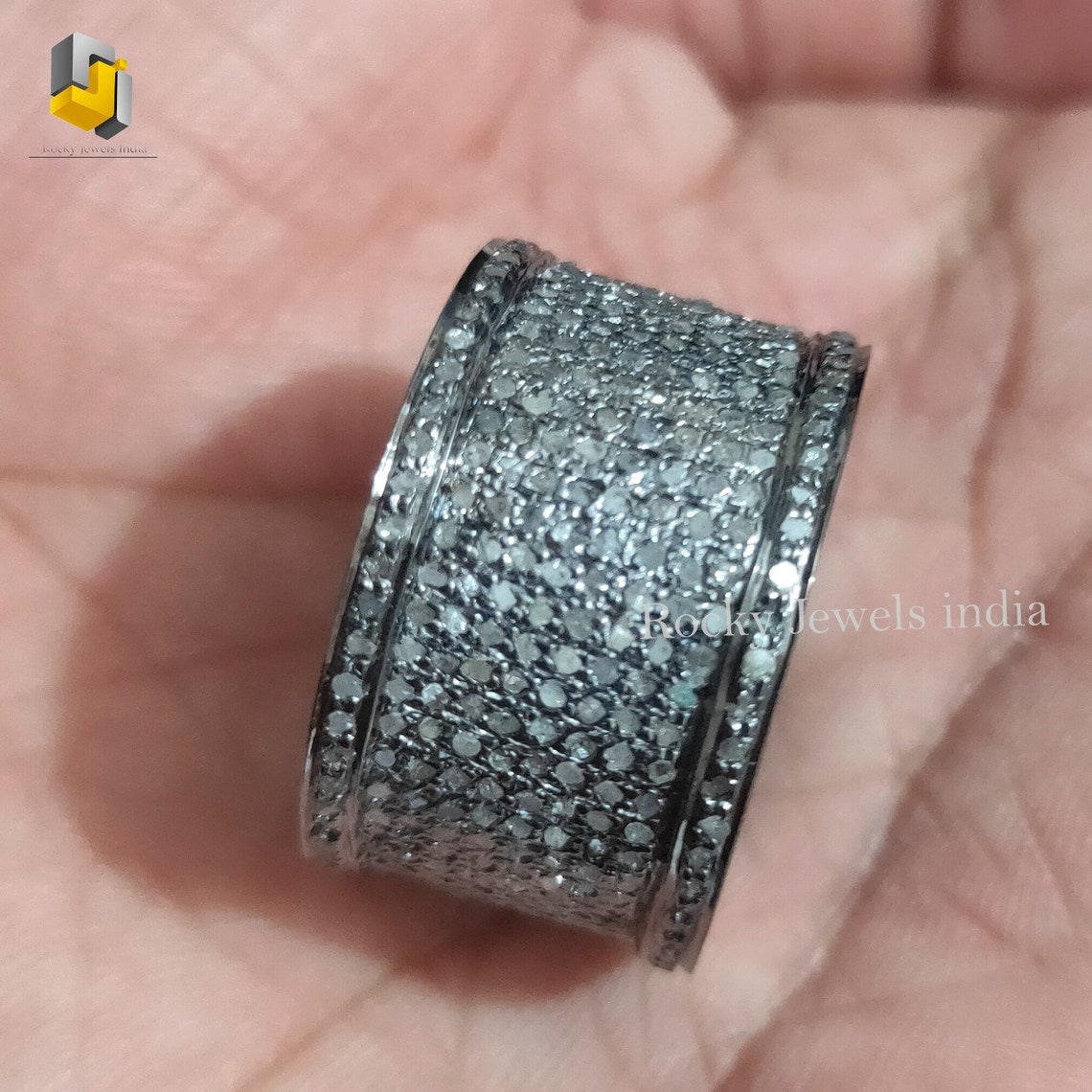 925 Sterling Silver Pave Genuine Natural Diamond Band Ring | Etsy
