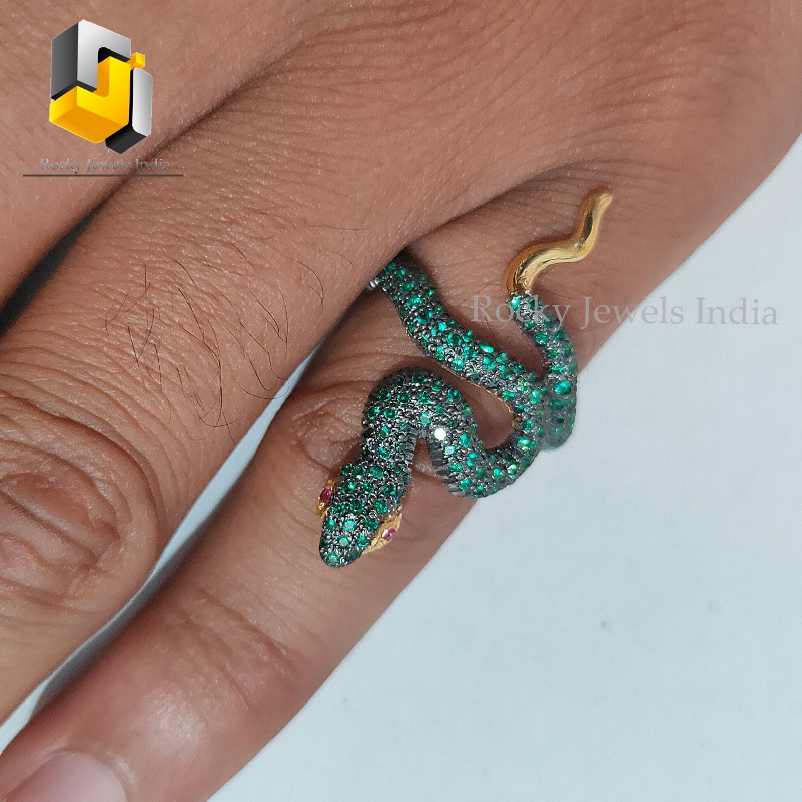 14k Gold Natural Emerald Ruby Eyes Snake Ring Beautiful Green - Etsy