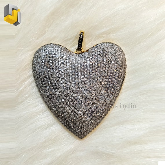 Antique Pave Diamond Heart Pendant Sterling Silver 44x43mm | Etsy