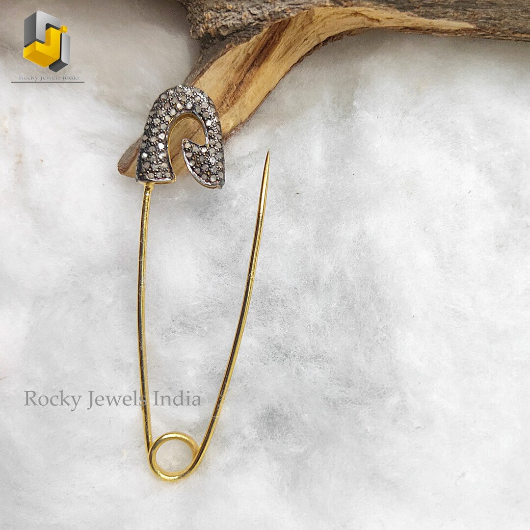 14k Gold Sterling Silver Diamond Safety Pin Brooch Pendant - Etsy