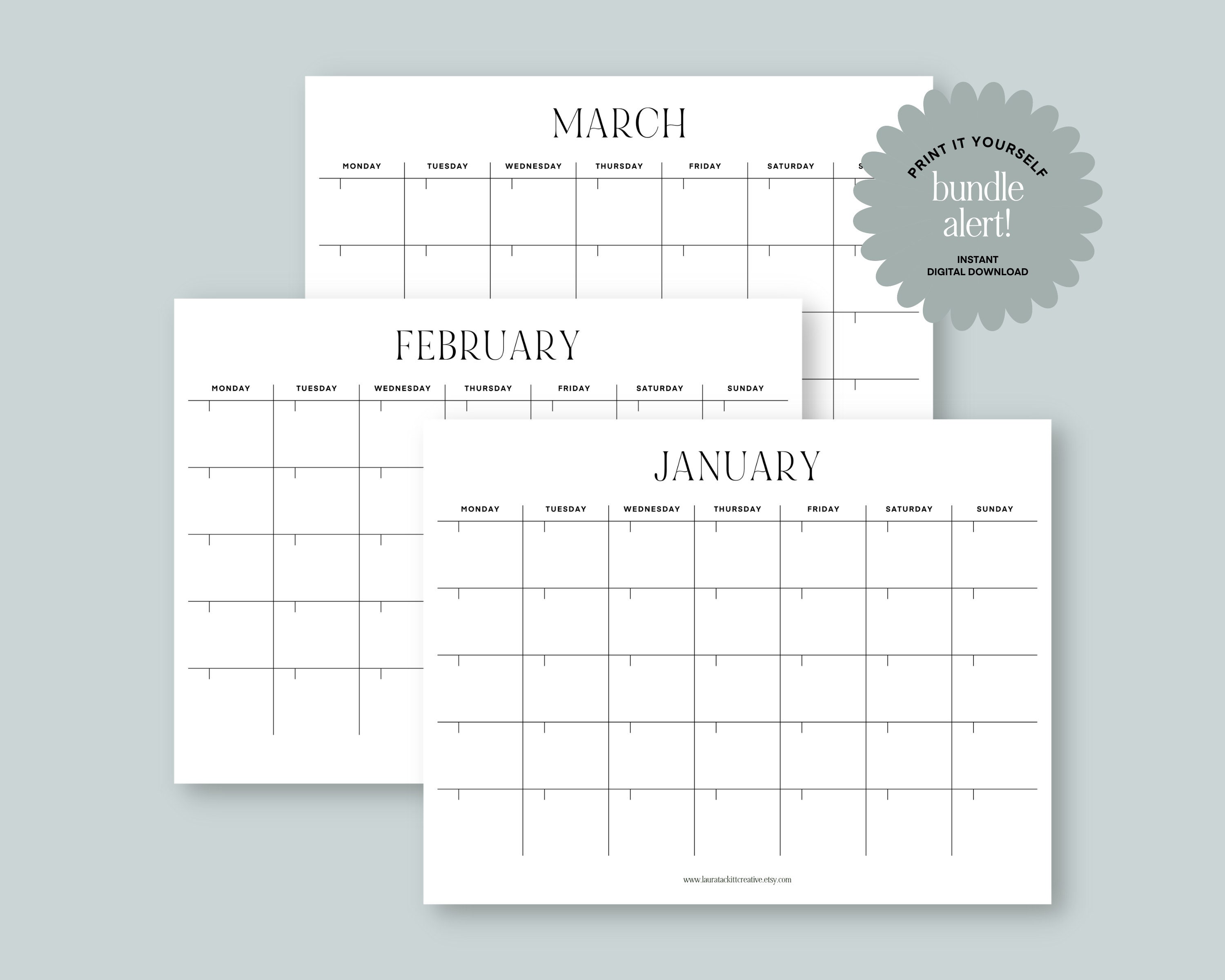 Undated Monthly Calendars Printable Planner PDF Simple | Etsy