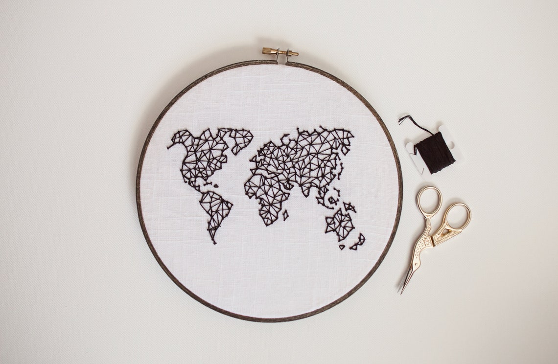 World Map 9" Embroidery - Etsy