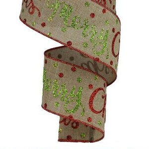 Merry Christmas Script Natural Red Lime Wired Ribbon, Christmas Ribbon ...