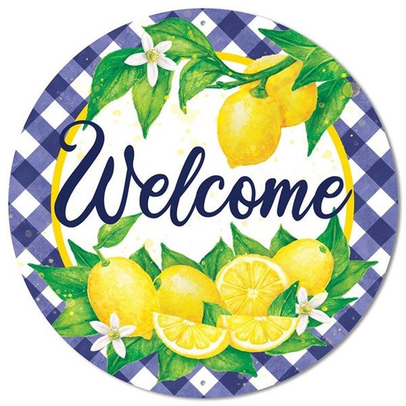 Blue White Check Welcome Lemons Round Metal Sign 12 - Etsy