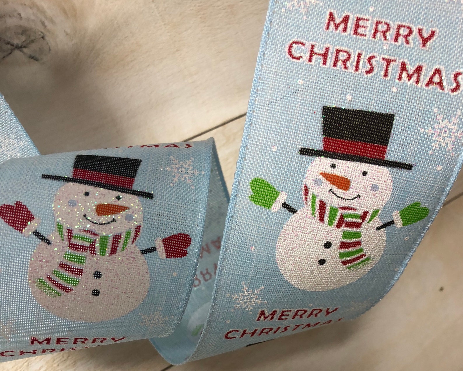Light Blue Glitter Christmas Snowman Ribbon, 2.5" Snowman Ribbon, Blue ...