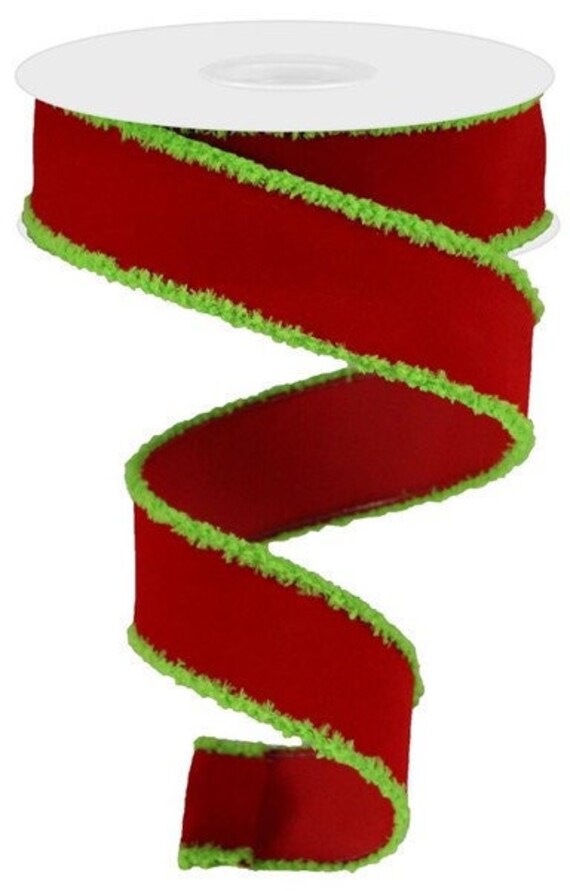 Red Velvet With Lime Green Drift Edge Wired Ribbon Red Green | Etsy
