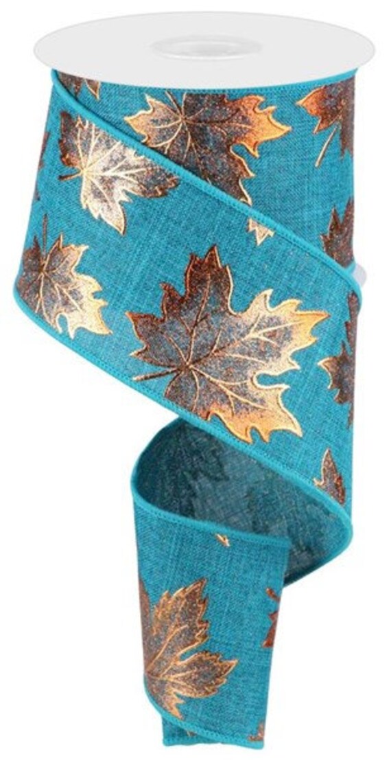 Teal and Copper Fall Leaves Wired Ribbon 2.5 Fall - Etsy