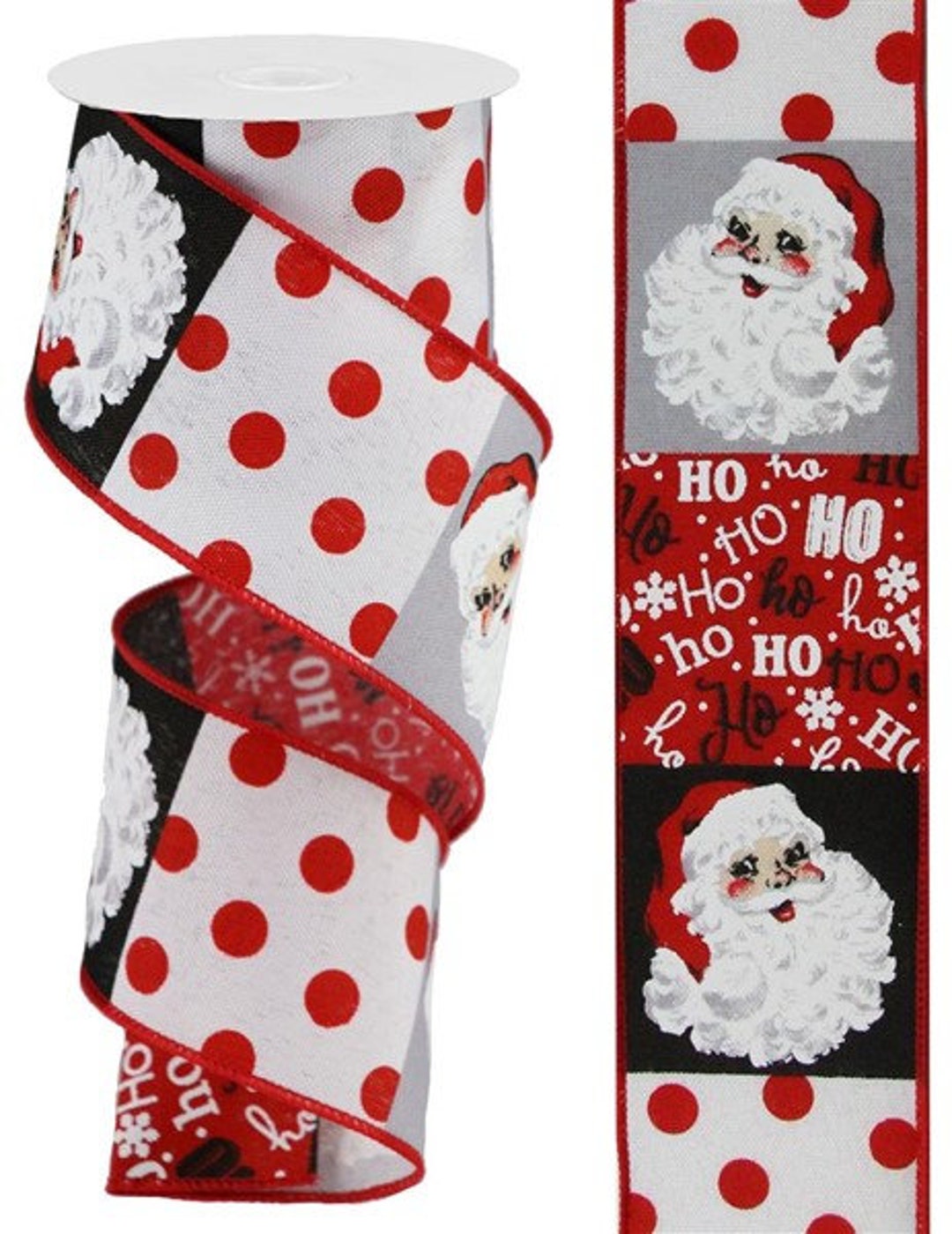 Vintage Santa Face Red Black Grey White Christmas Wired Ribbon, 2.5 ...