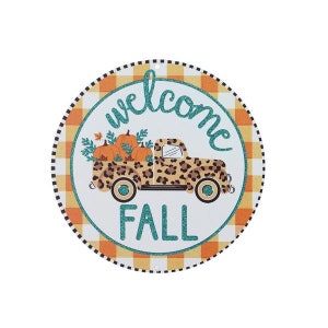 8" Welcome Fall Cheetah Print Pumpkin Round Metal Sign, Orange Teal ...