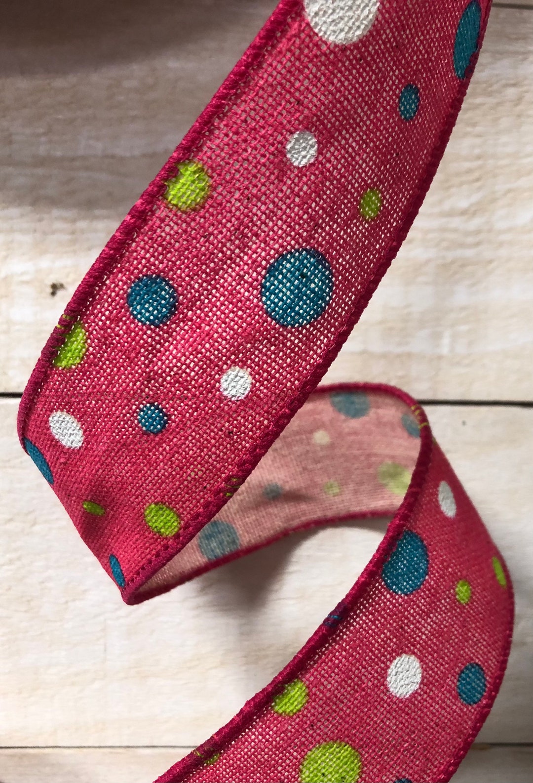Pink Burlap Ribbon With Lime Blue and White Dots, 1.5 Pink Polka Dot ...