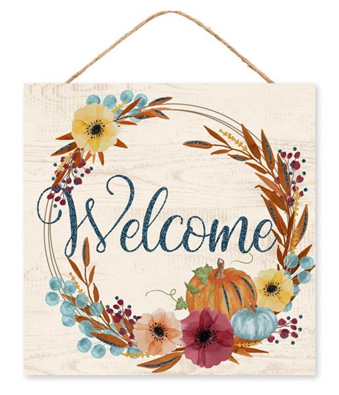Welcome Fall Glitter Sign, 10" Sq Cream Rust Orange Burgundy Turquoise ...