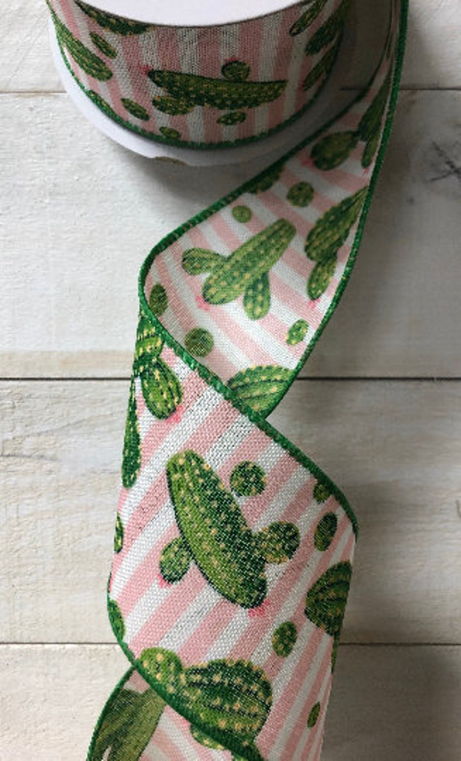 Pink and Cream Striped Cactus Wired Ribbon, Succulents Ribbon, Cactus ...