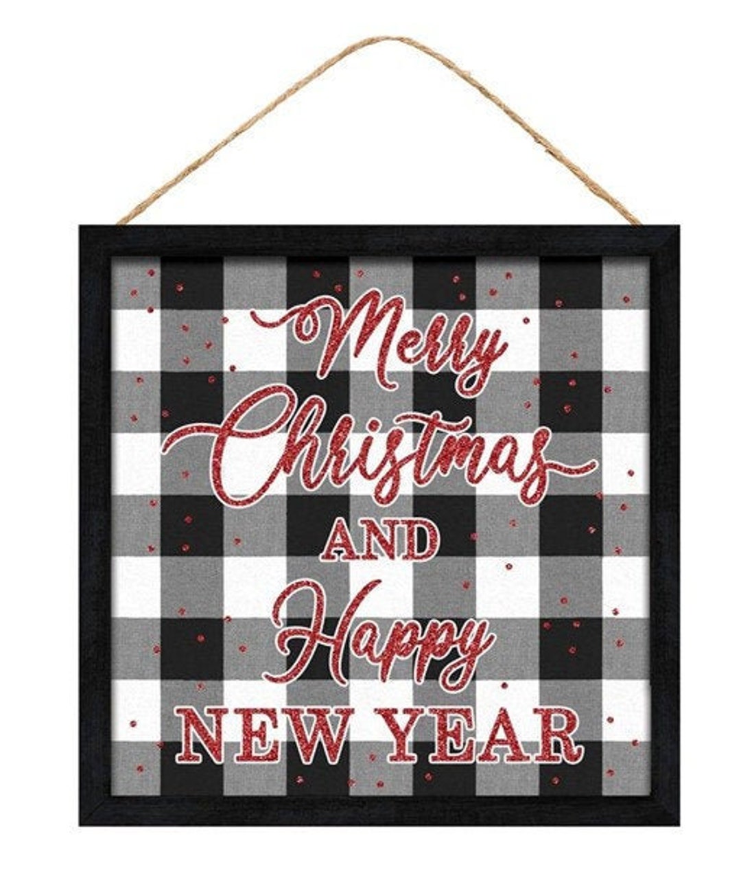 Merry Christmas and Happy New Year White and Black Buffalo Check Wreath ...