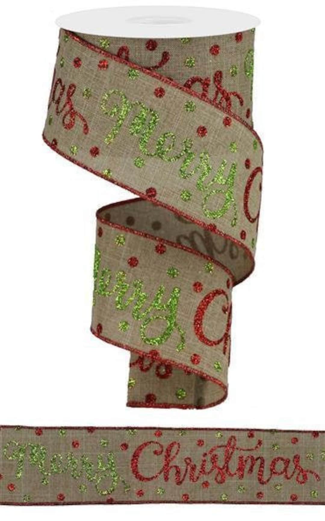 Merry Christmas Script Natural Red Lime Wired Ribbon, Christmas Ribbon ...