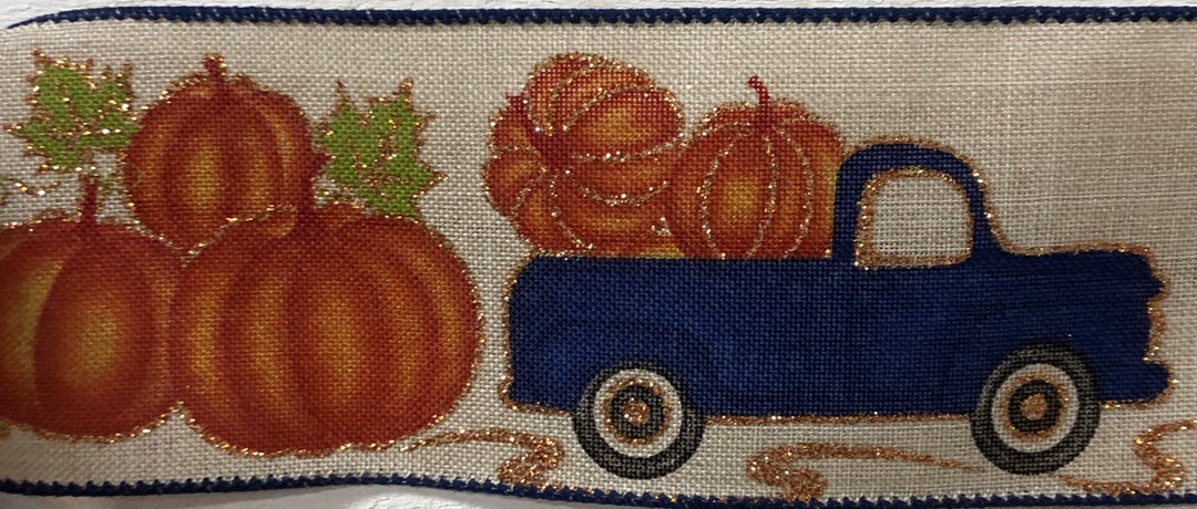 Pumpkin Natural Cobalt Blue Truck Wired Ribbon, 2.5" Pumpkin Truck ...