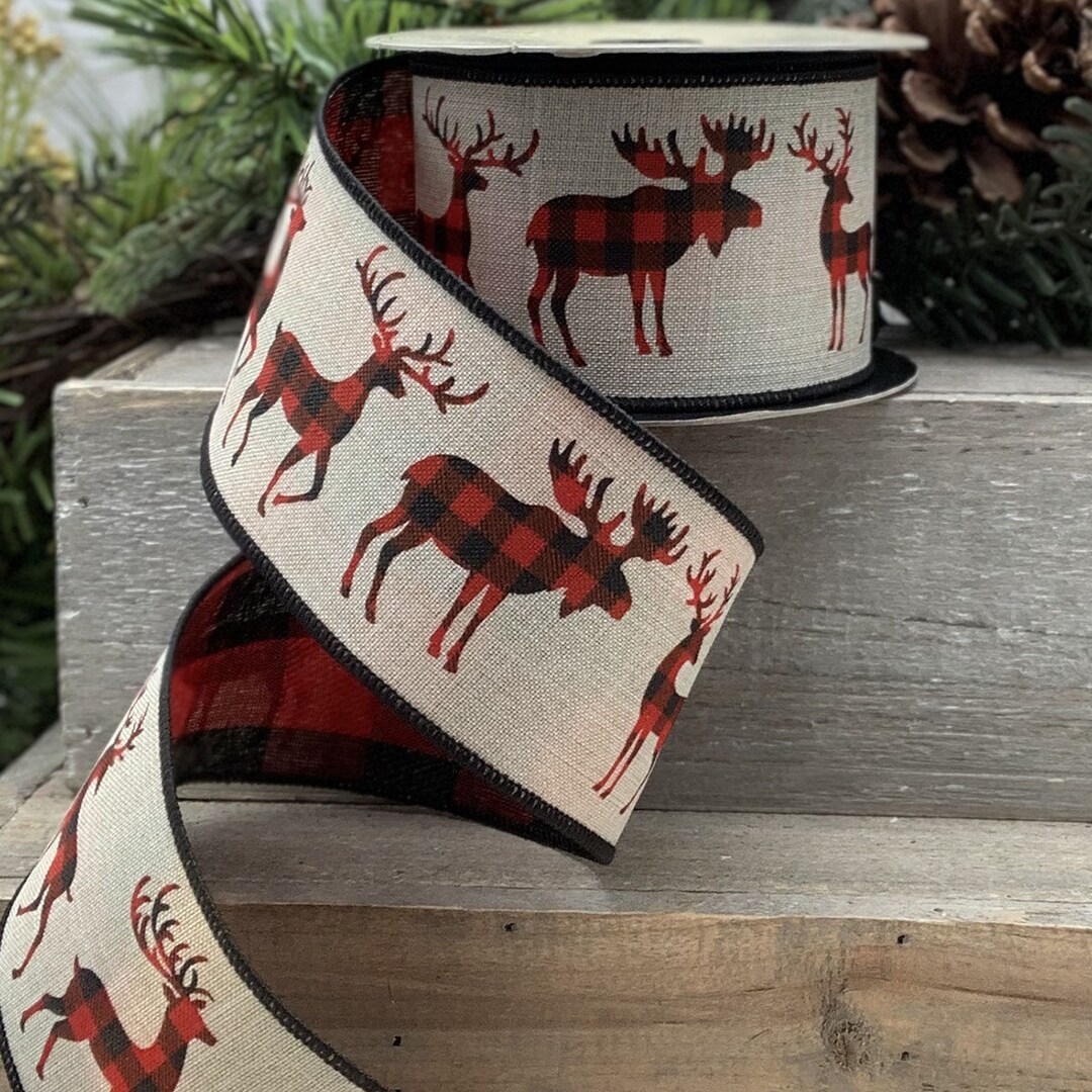 Black Red Buffalo Check Deer Moose Wired Ribbon, Holiday Ribbon ...