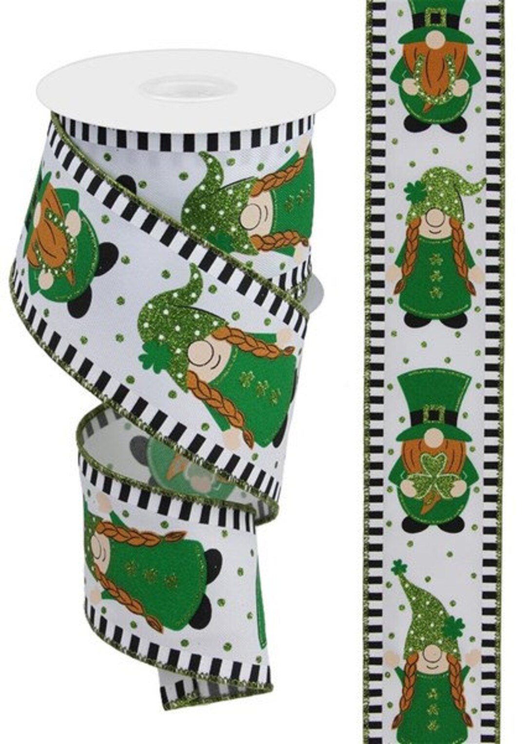 St Patricks Day Gnomes Wired Ribbon. 2.5" Green White Black Clover ...