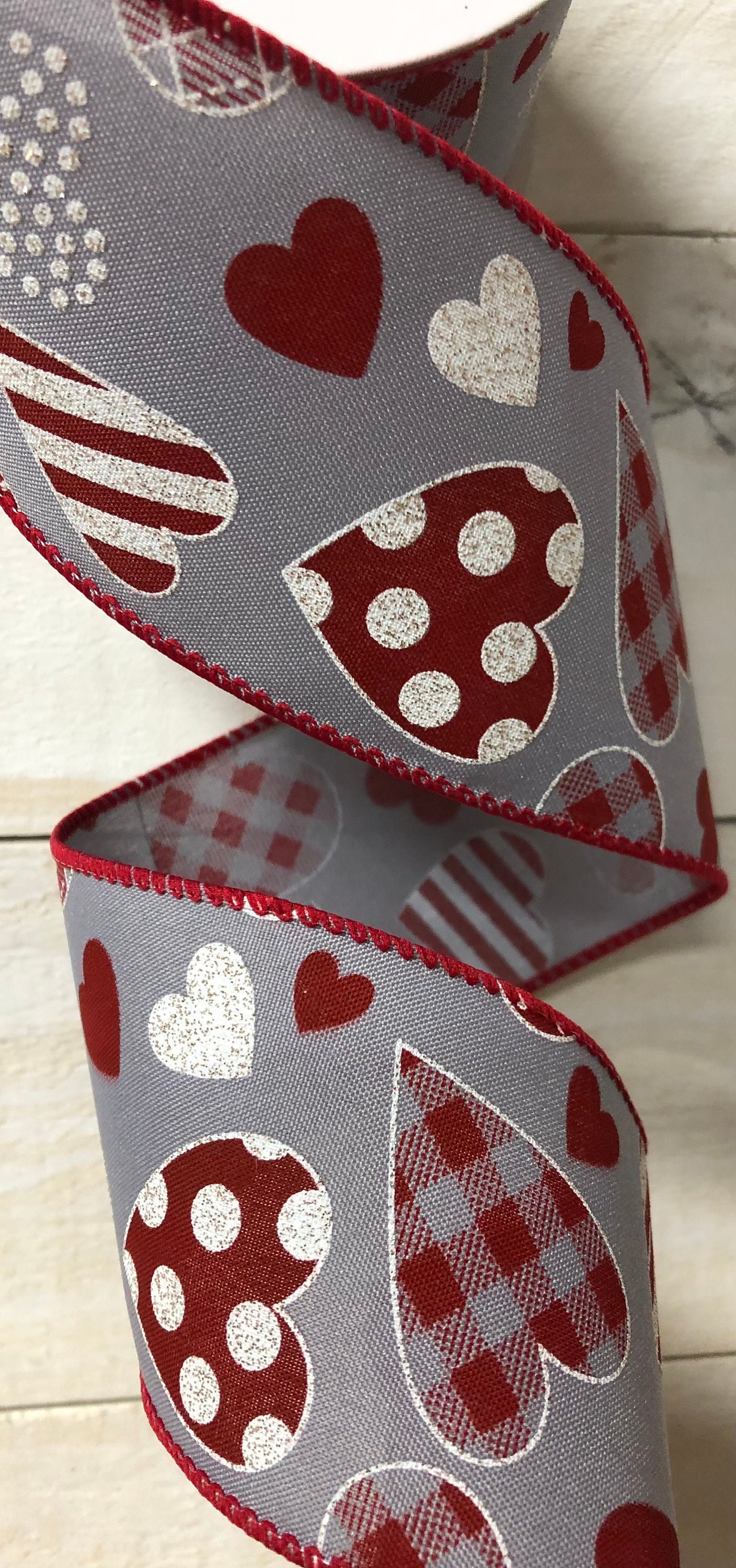 Grey red heart Valentine's day wired ribbon grey red dot | Etsy