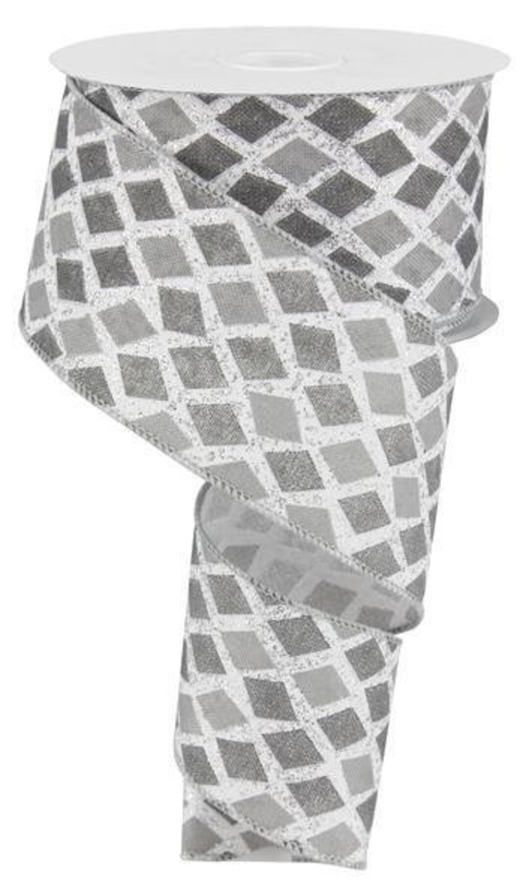 Grey Diamond Pattern Wired Ribbon, Light Grey Silver and Dark Grey ...