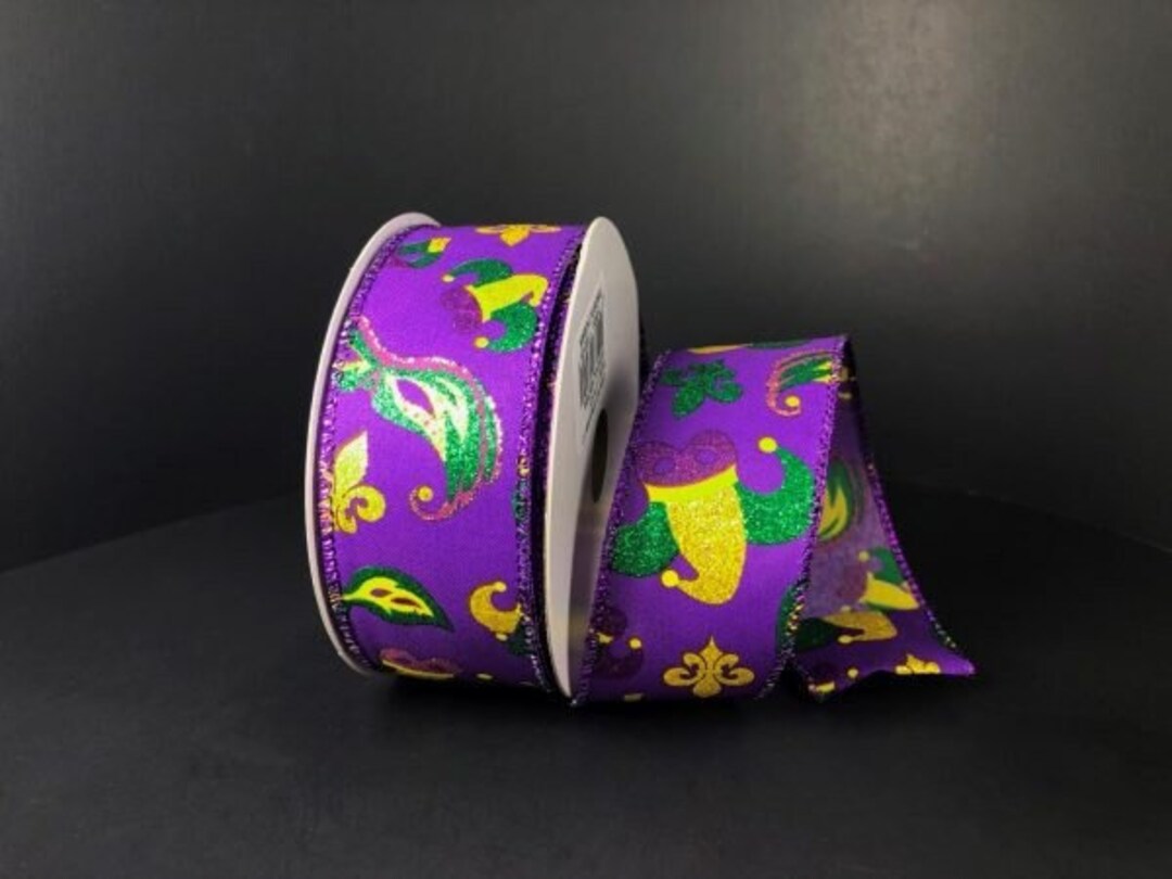 Purple Emerald Gold Mardi Gras Ribbon, 1.5" Mardi Gras Mask and Fleur ...