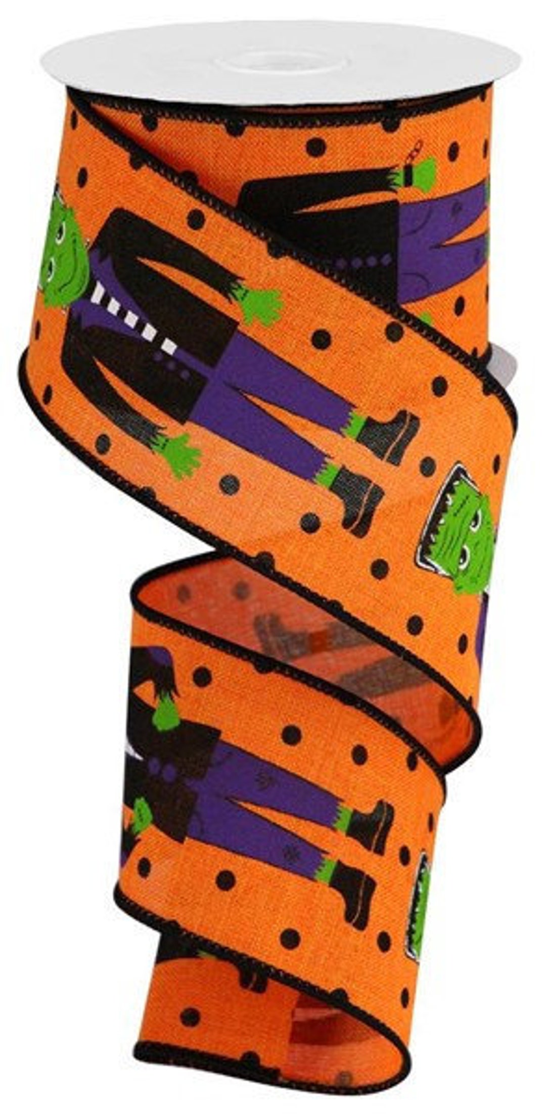Frankenstein Halloween Wired Ribbon, Green Orange Purple Black Dot ...