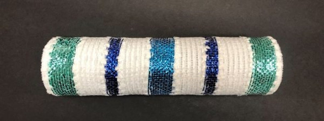 White Aqua Royal Snowball Fabric Plaid Mesh, 10" Blue Xmas Mesh Deco ...