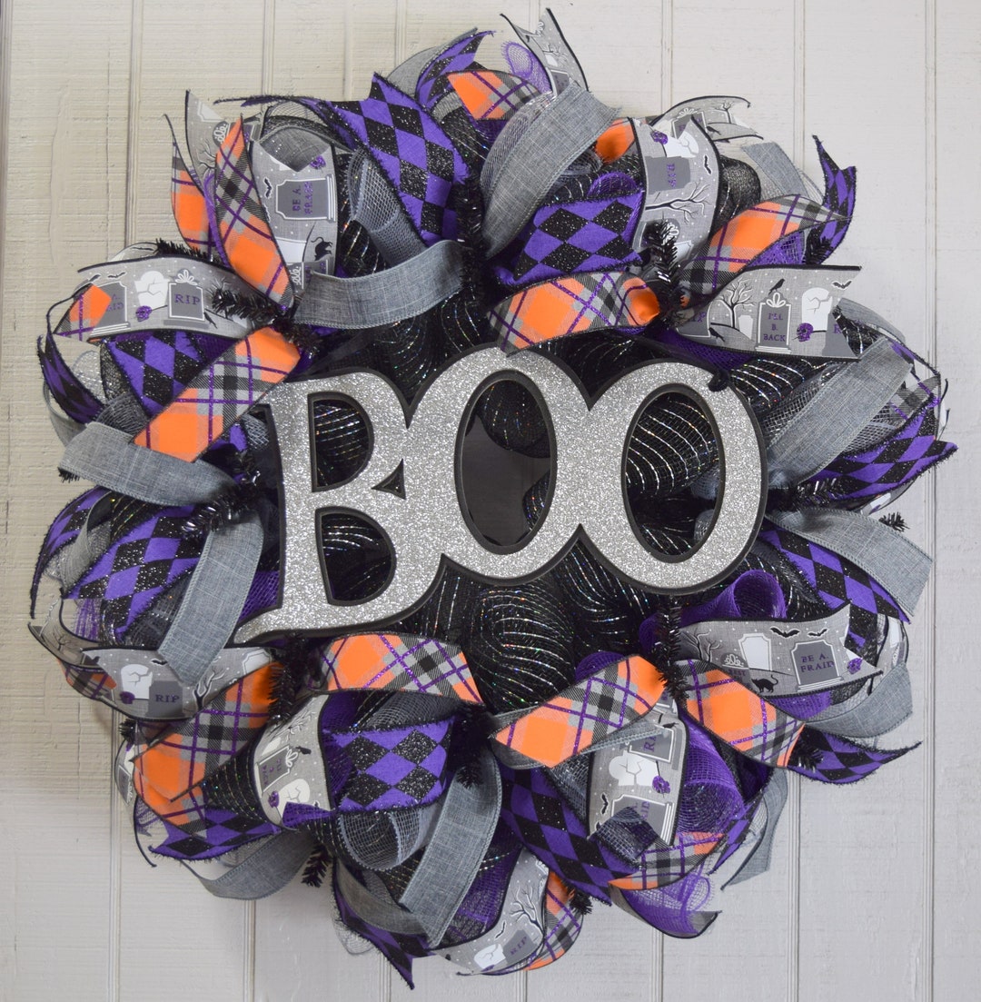 Boo Halloween Wreath, Black Purple Gray Boo Wreath, Fall Wreath ...