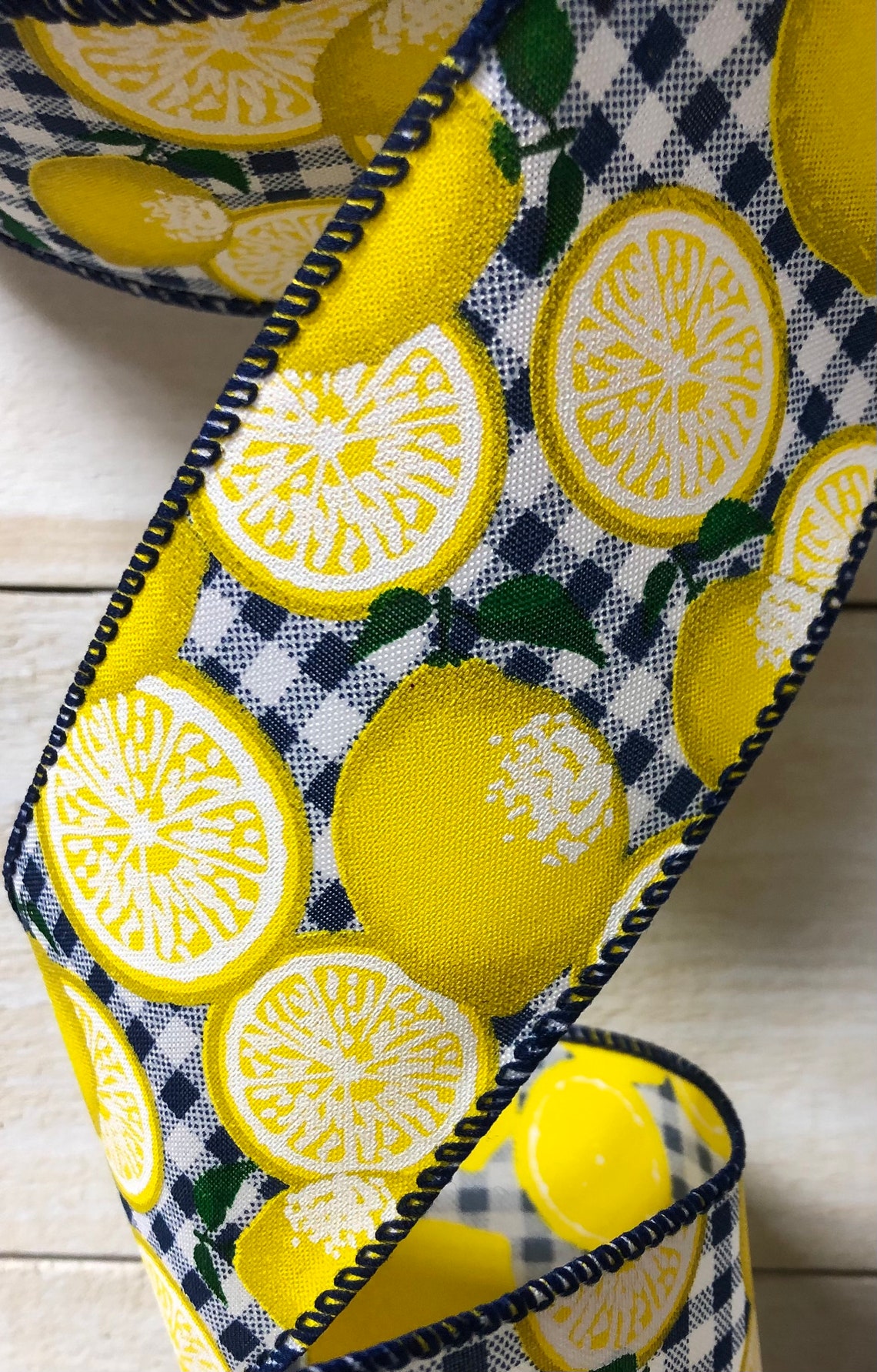 Lemon Navy Blue White Check Wired Ribbon Lemons on Check - Etsy