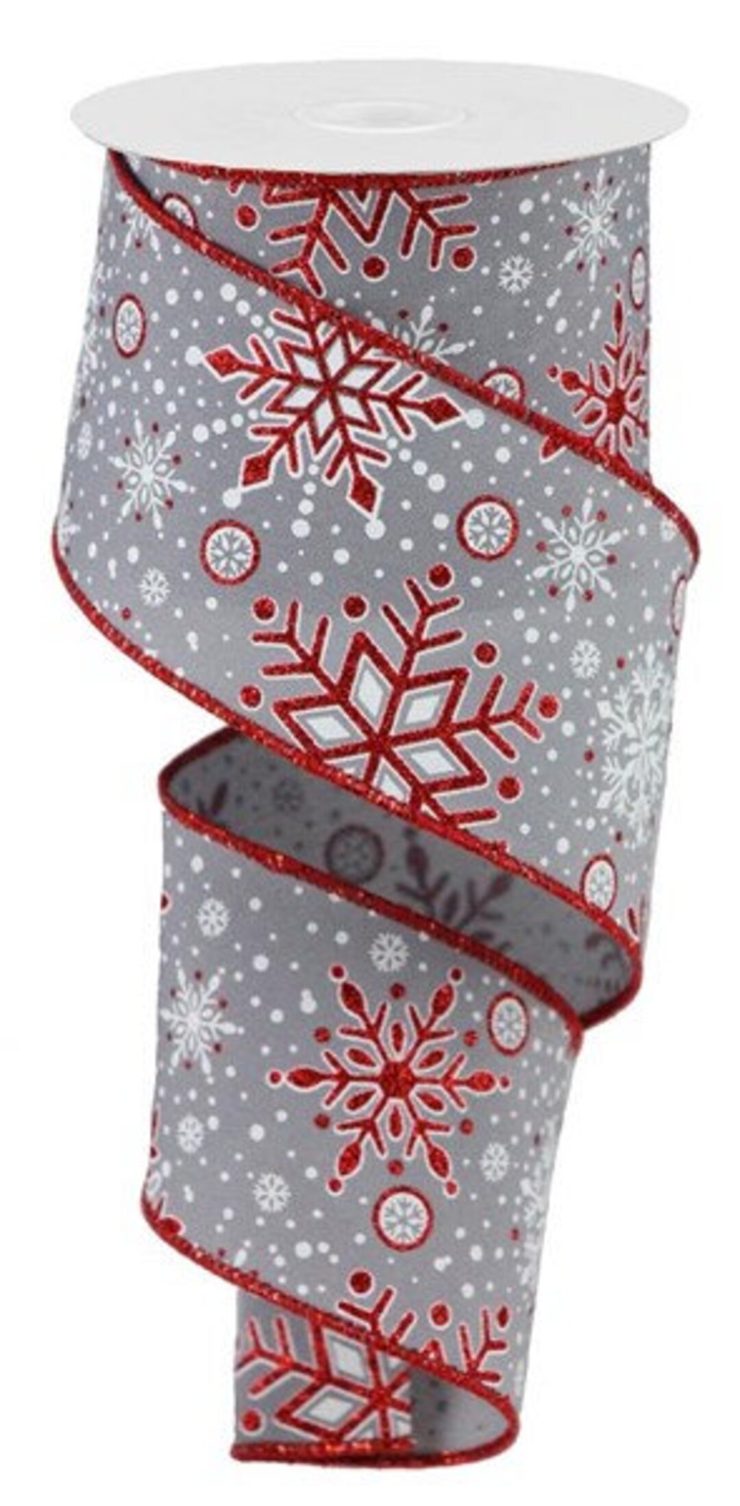 Grey White Red Snowflake Wired Ribbon, Christmas Ribbon, 2.5" Snowflake ...
